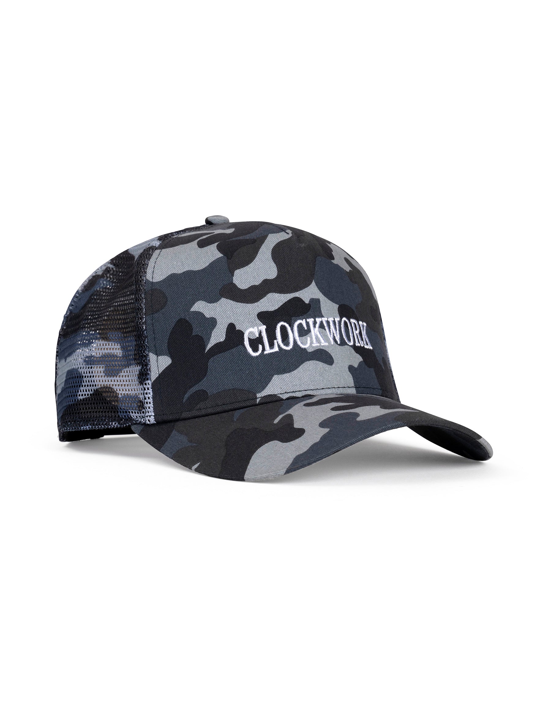 Blue camo trucker hat – Clockwork
